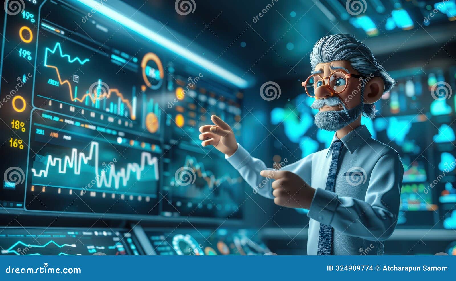 A Man in a Suit Points To a Computer Screen with Graphs and Numbers ...