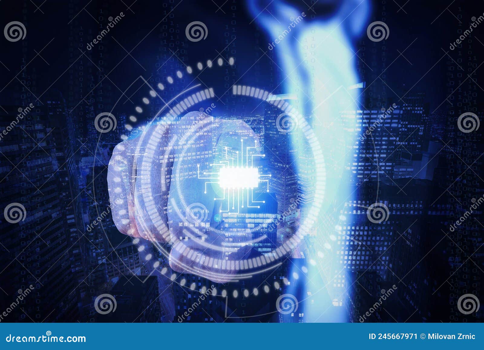 Man in Suit Presses Microchip Virtual Button. Technology Software ...