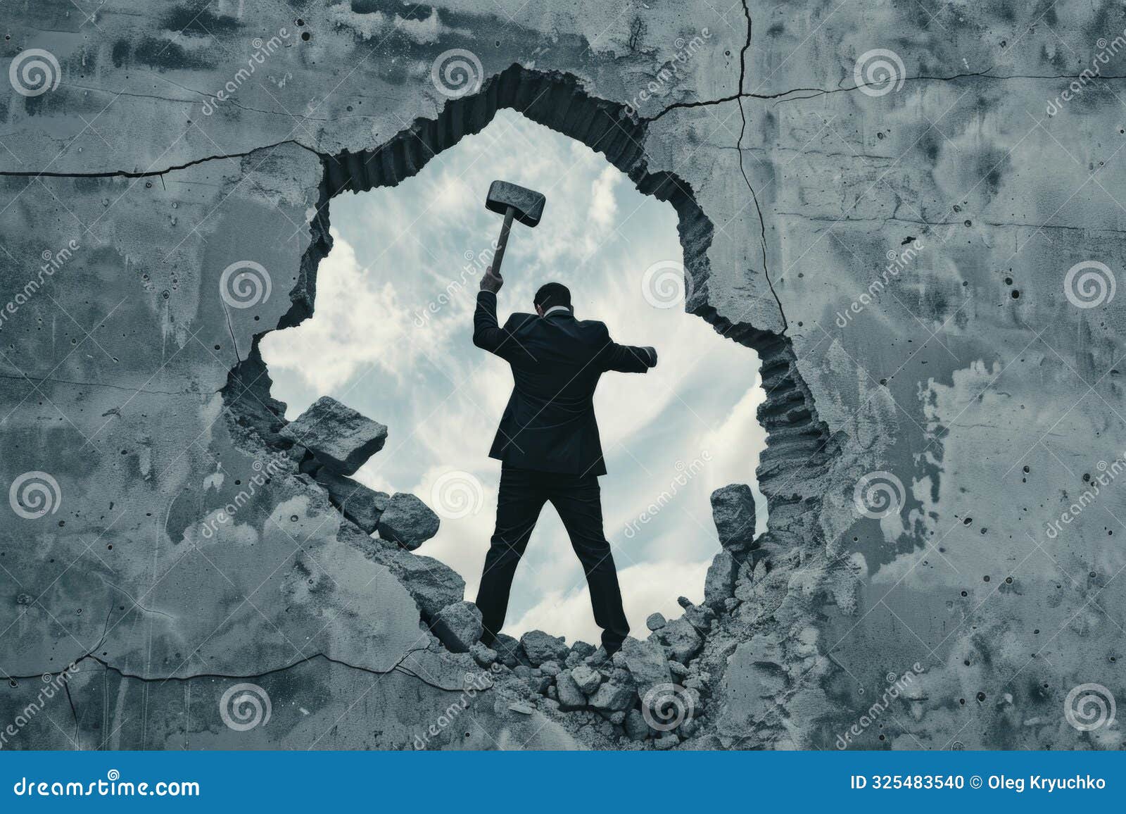 Man in a Suit Breaking through a Concrete Wall with a Sledgehammer ...