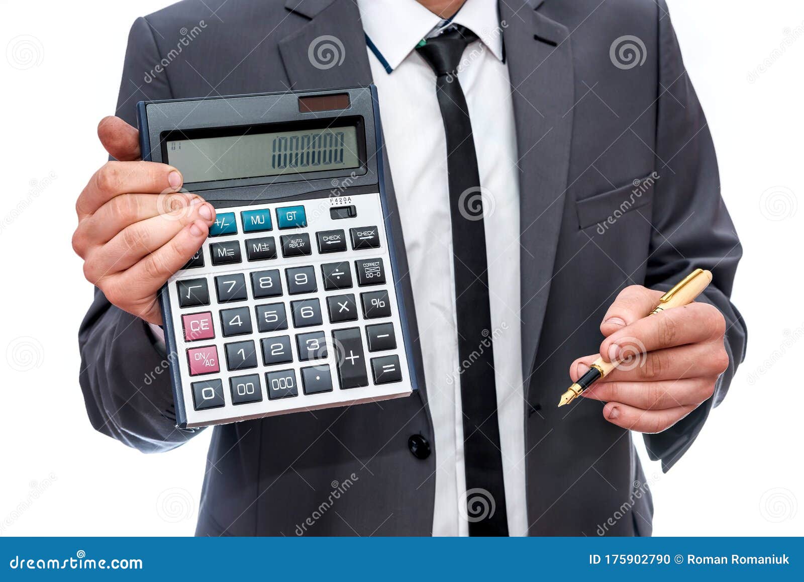 Man in Suit Showing Calculator Isolated on White Stock Photo - Image of ...