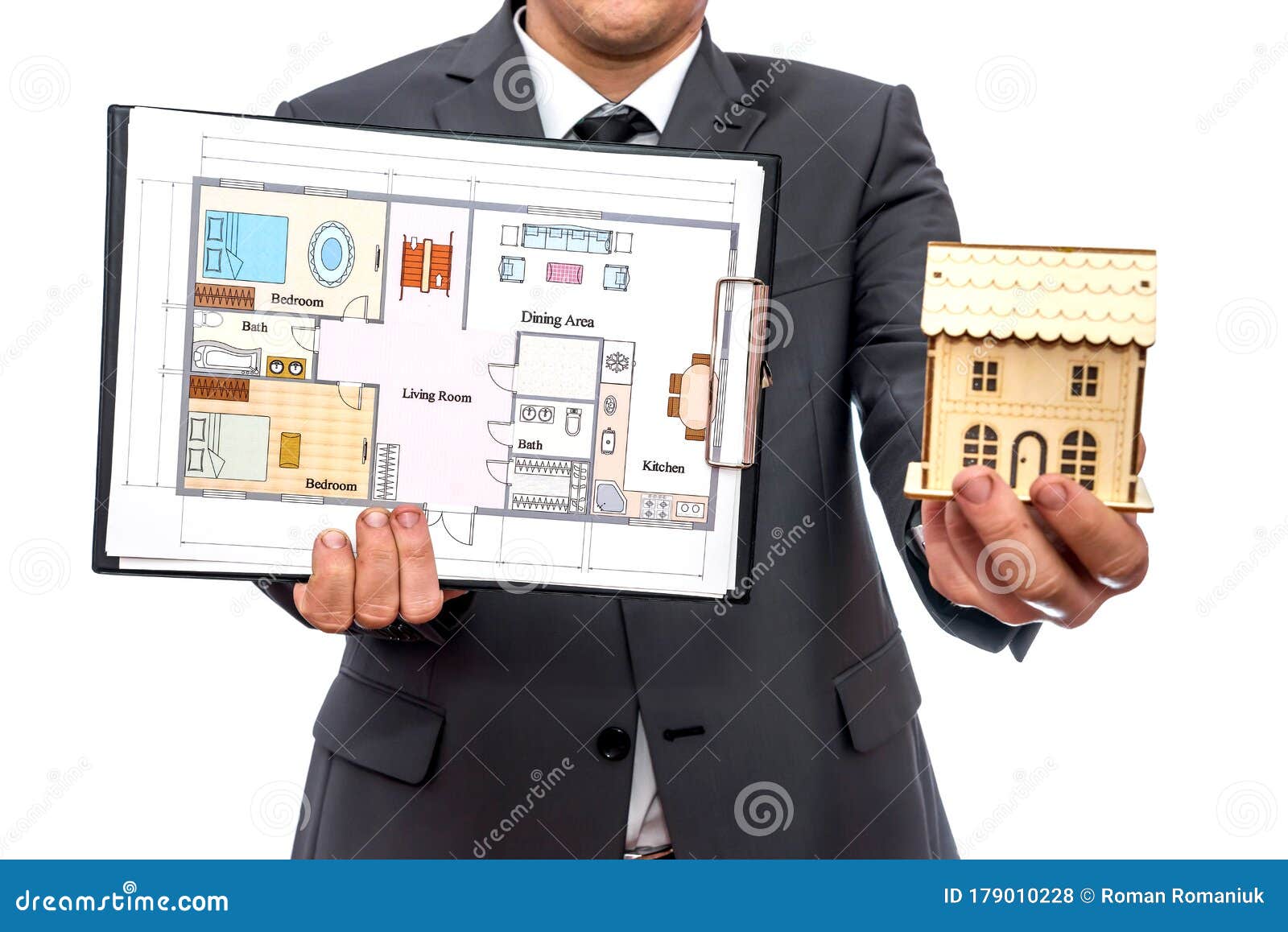Man in Suit Showing House Plan and Wooden Model Stock Photo - Image of ...