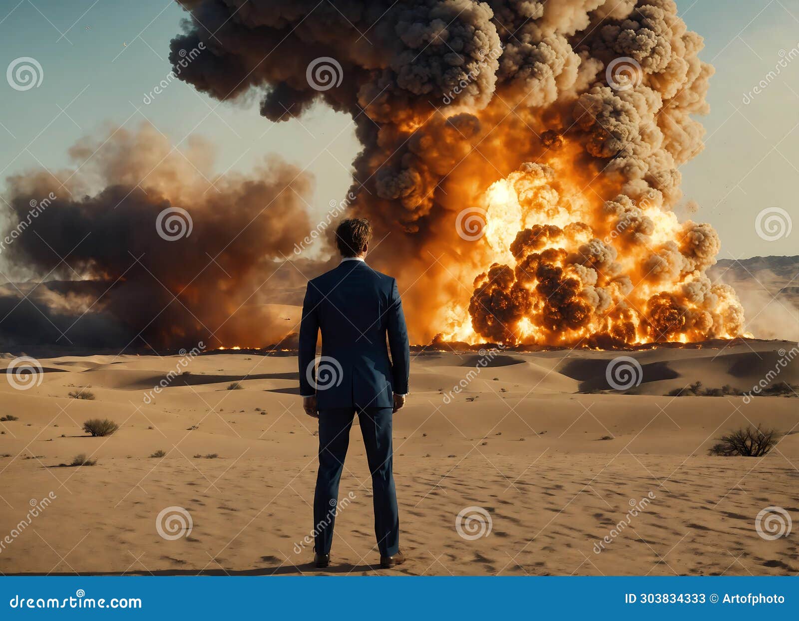 Man in Suit Standing in Front of Large Fire. Generative AI. Stock Image ...