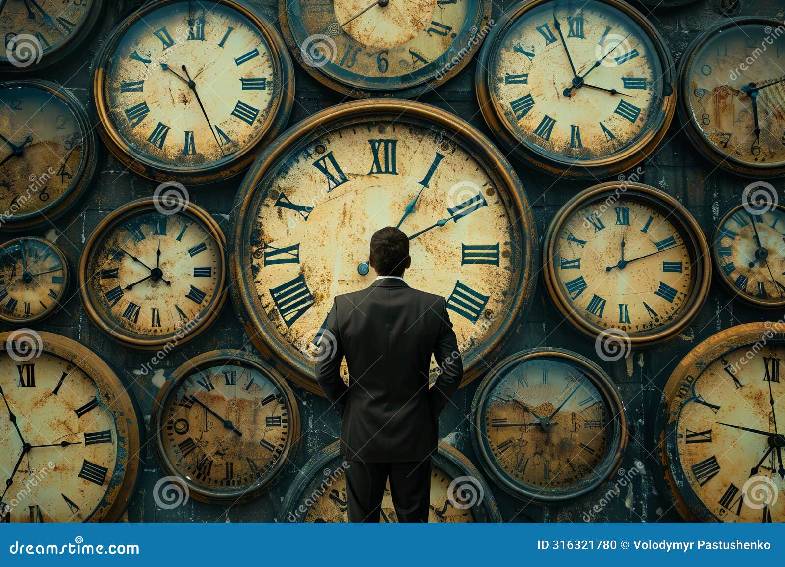 A Man in a Suit Standing in Front of a Wall of Clocks Stock ...