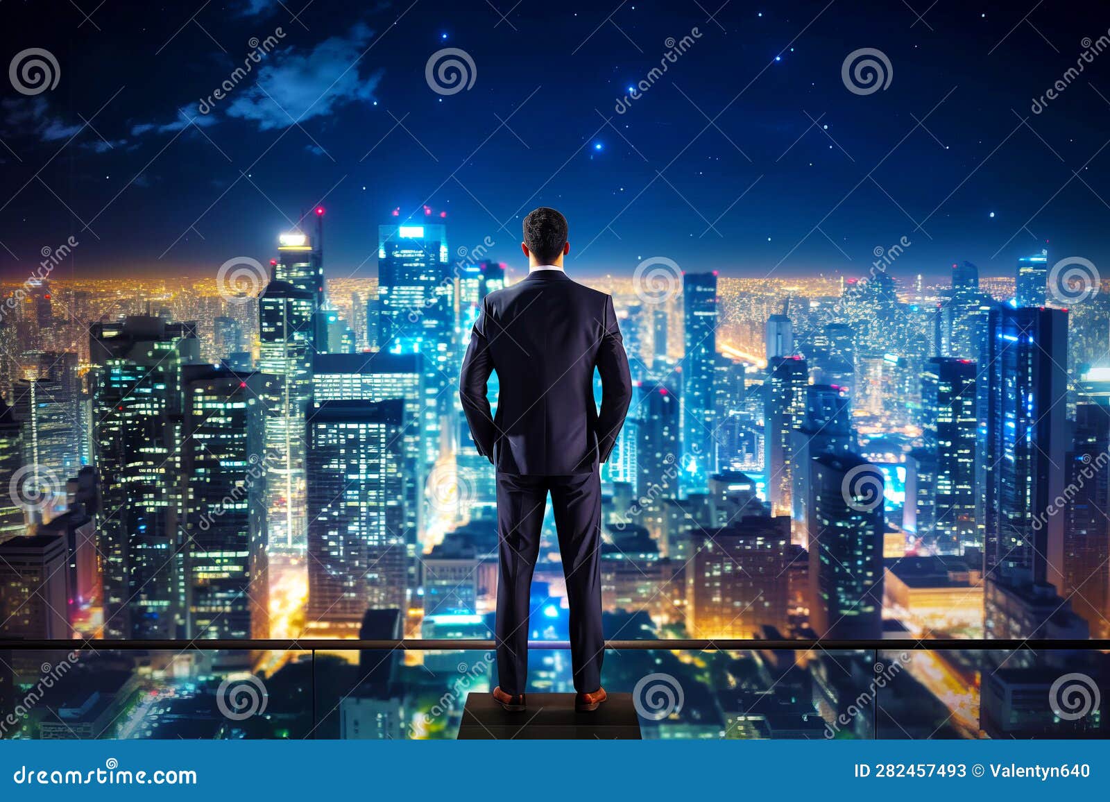 Man in Suit Standing on Ledge Looking at City at Night. Generative AI ...