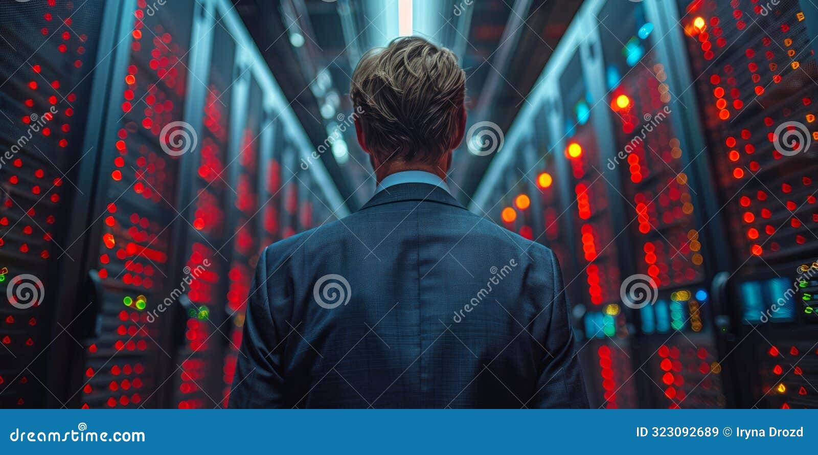 Man in a Suit Standing in a Server Room with Red Lights Stock ...
