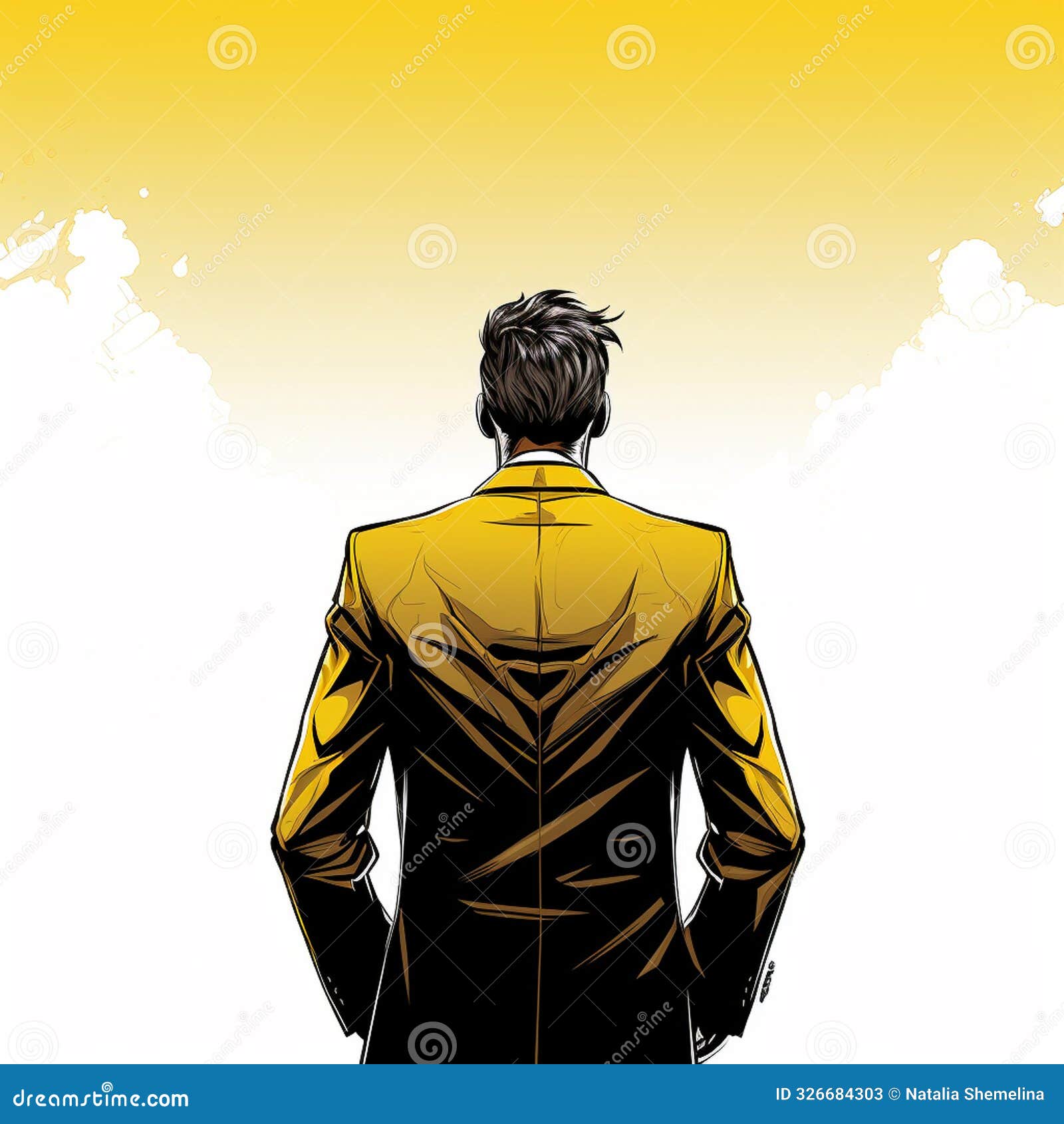 A Man In A Suit Stands Back On The White Background, Comic Drawing ...