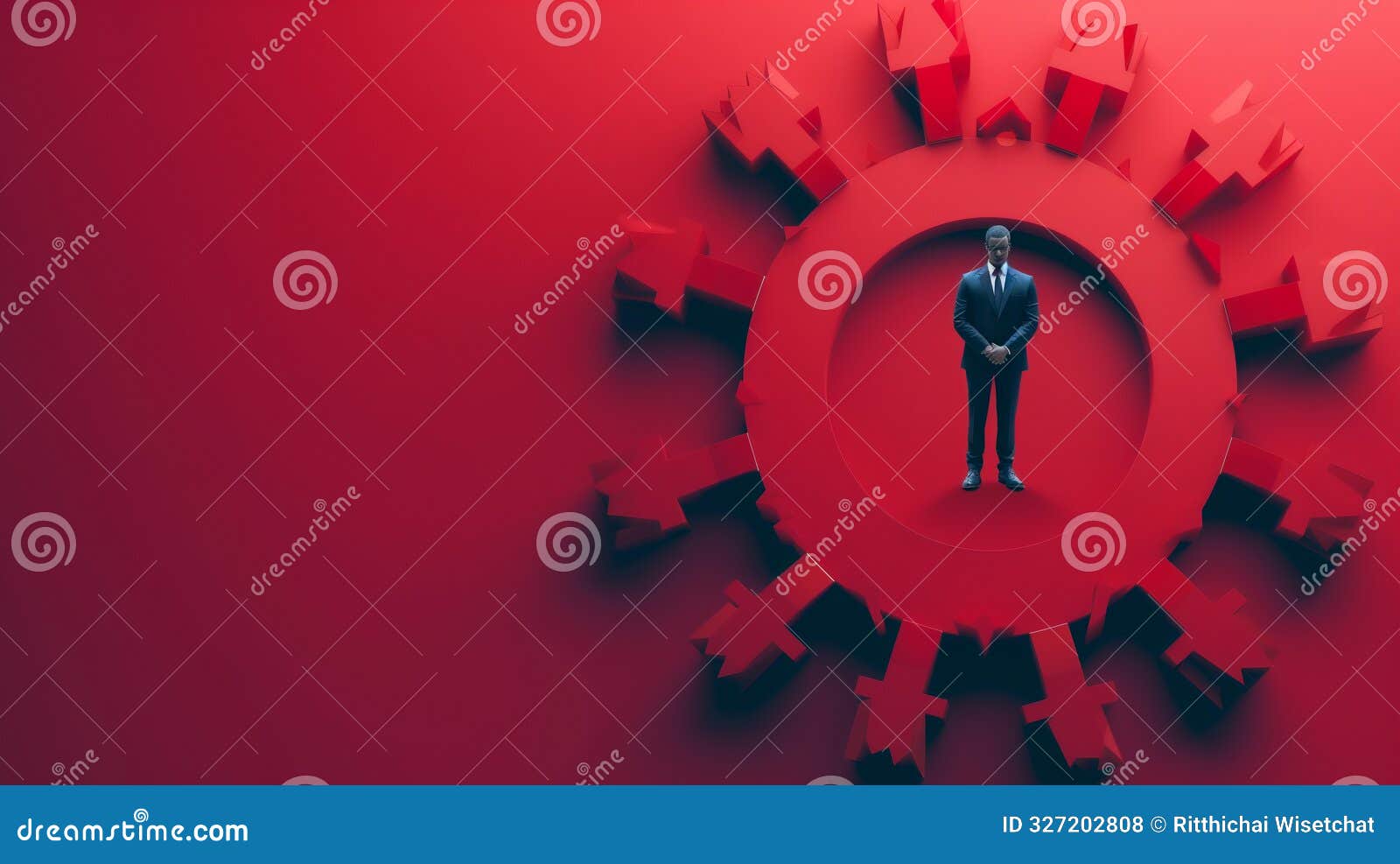 A Man in a Suit Stands in the Center of a Massive Red Gear, Symbolizing ...