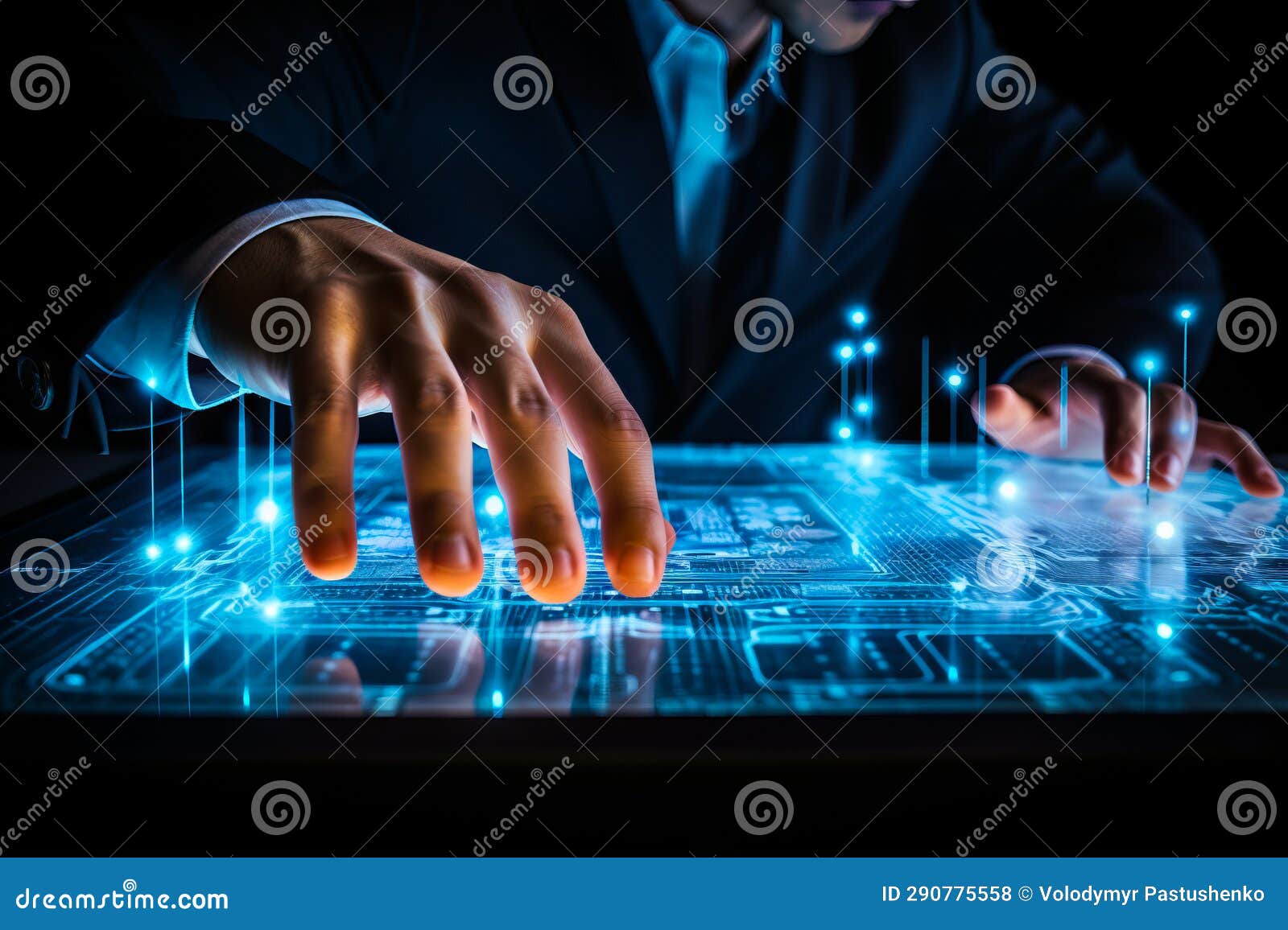 Man in Suit is Touching Computer Screen with His Hands. Generative AI ...