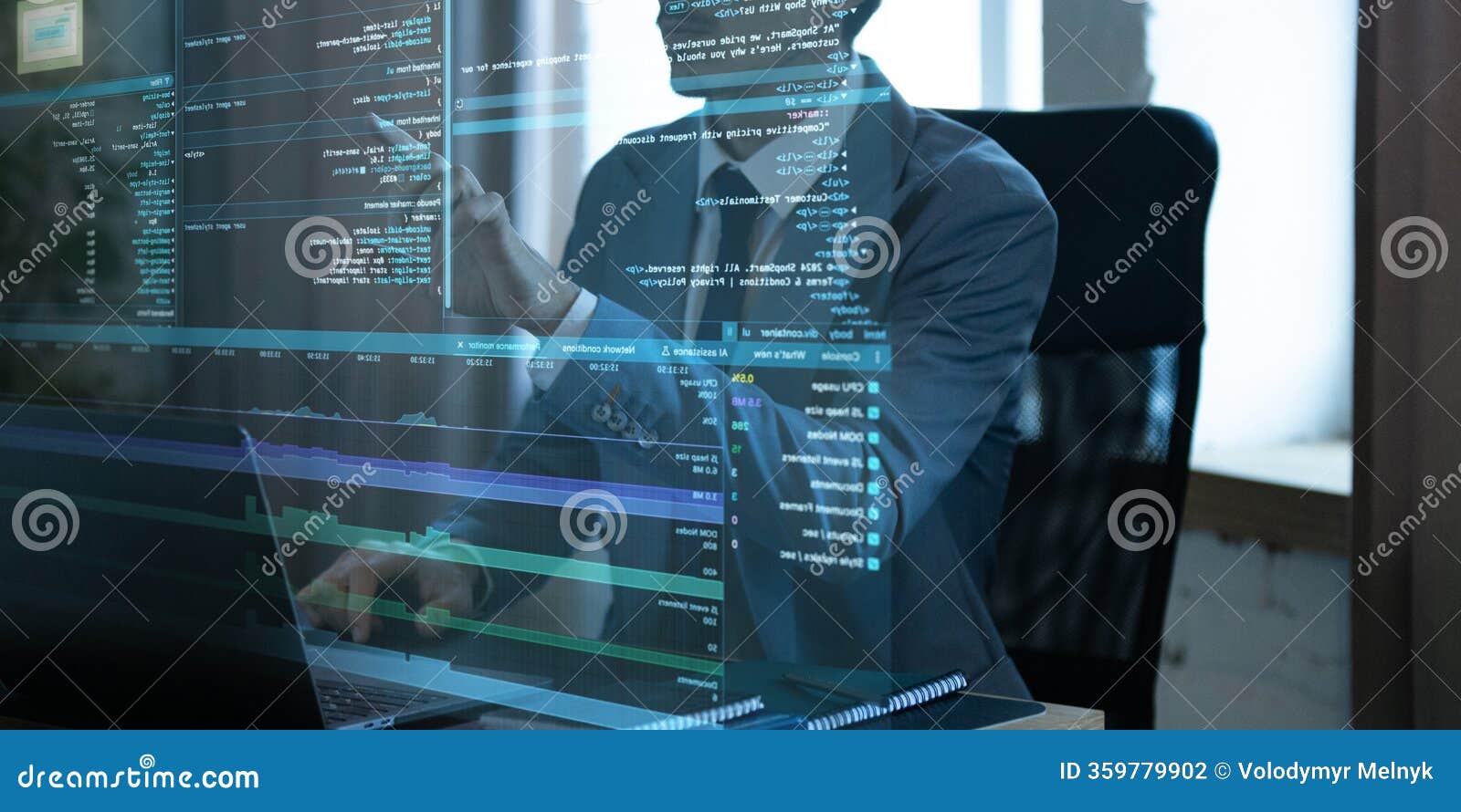 Man in Suit Using Futuristic Virtual Interface with Lines of Fictional ...