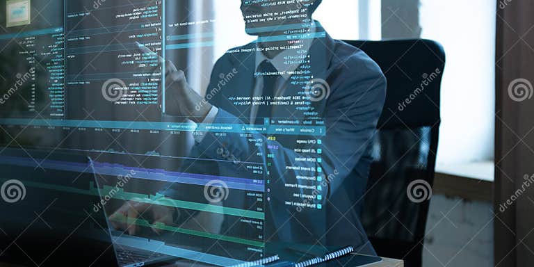 Man in Suit Using Futuristic Virtual Interface with Lines of Fictional Code and Performance ...