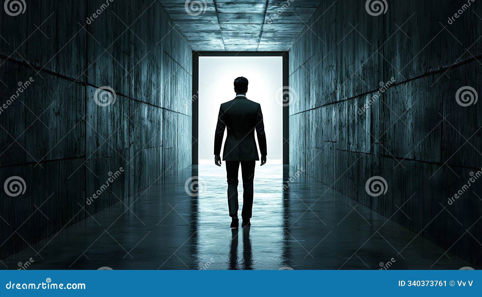 Man in a Suit Walking Towards a Bright Doorway Stock Illustration ...