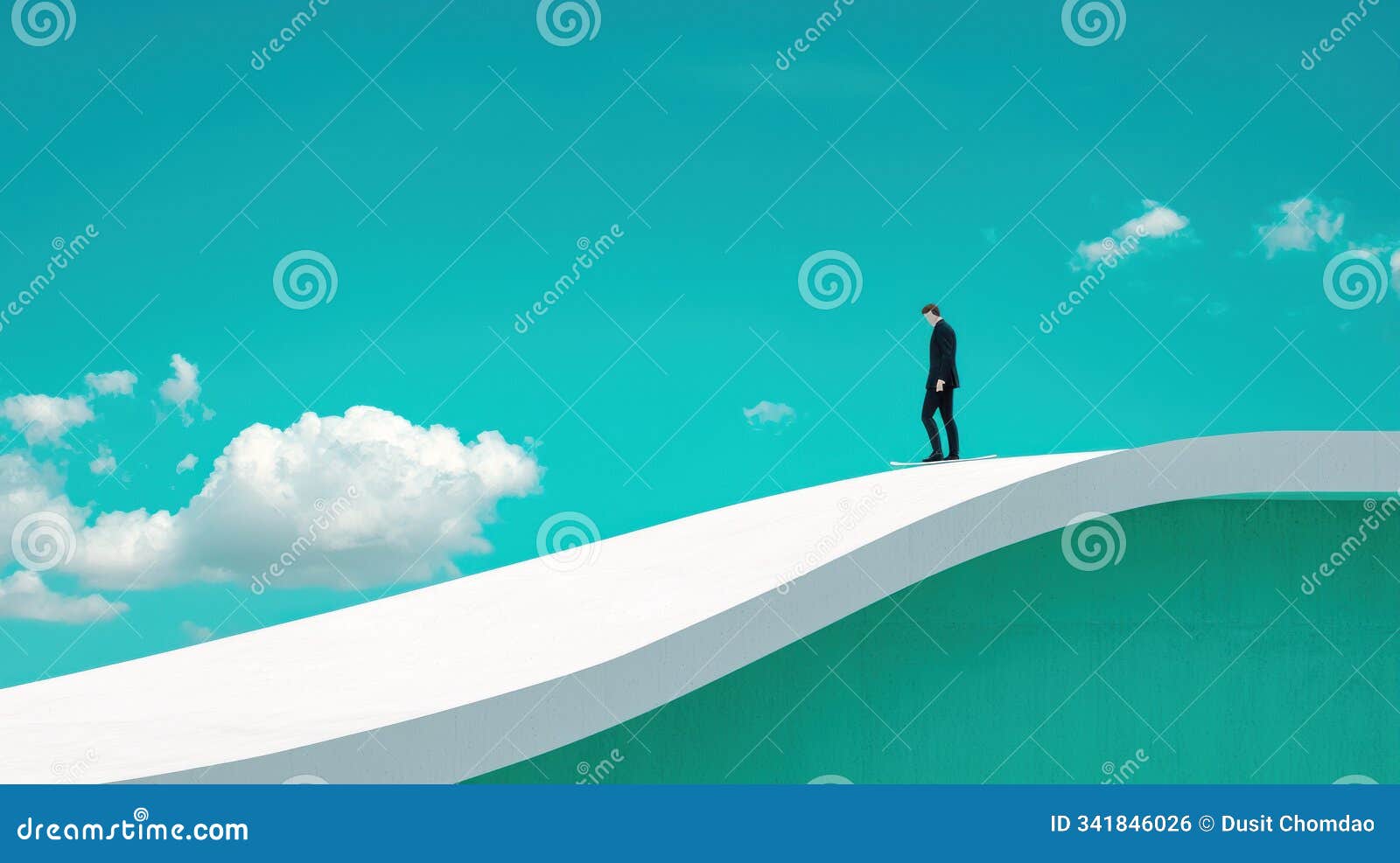 Man in Suit Walks Along Curved White Structure Against Bright Blue Sky ...