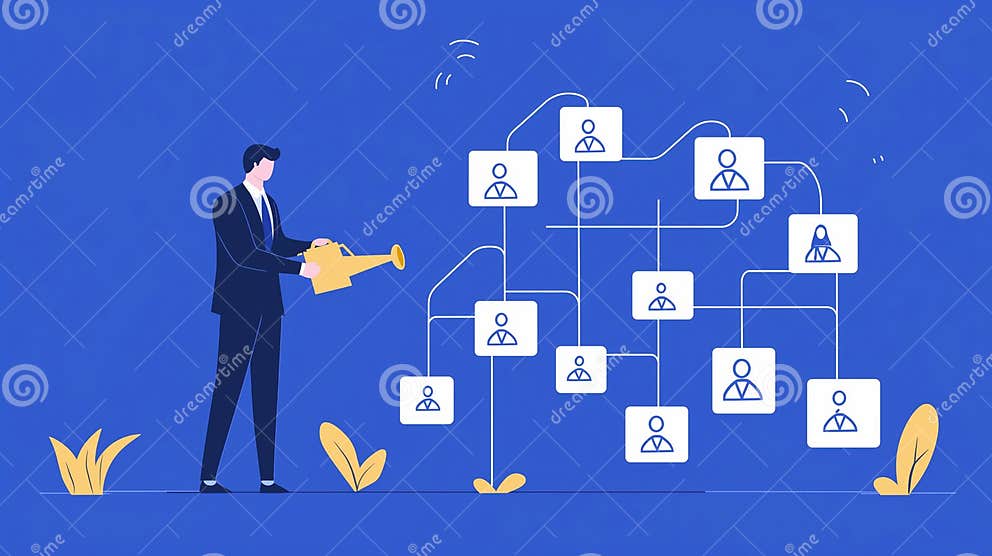 A Man in a Suit Waters a Flowchart-like Structure, Symbolizing Growth ...