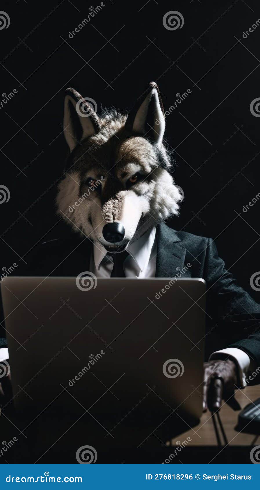 A Man in a Suit with a Wolf Mask on Using a Laptop. AI Generative Image ...