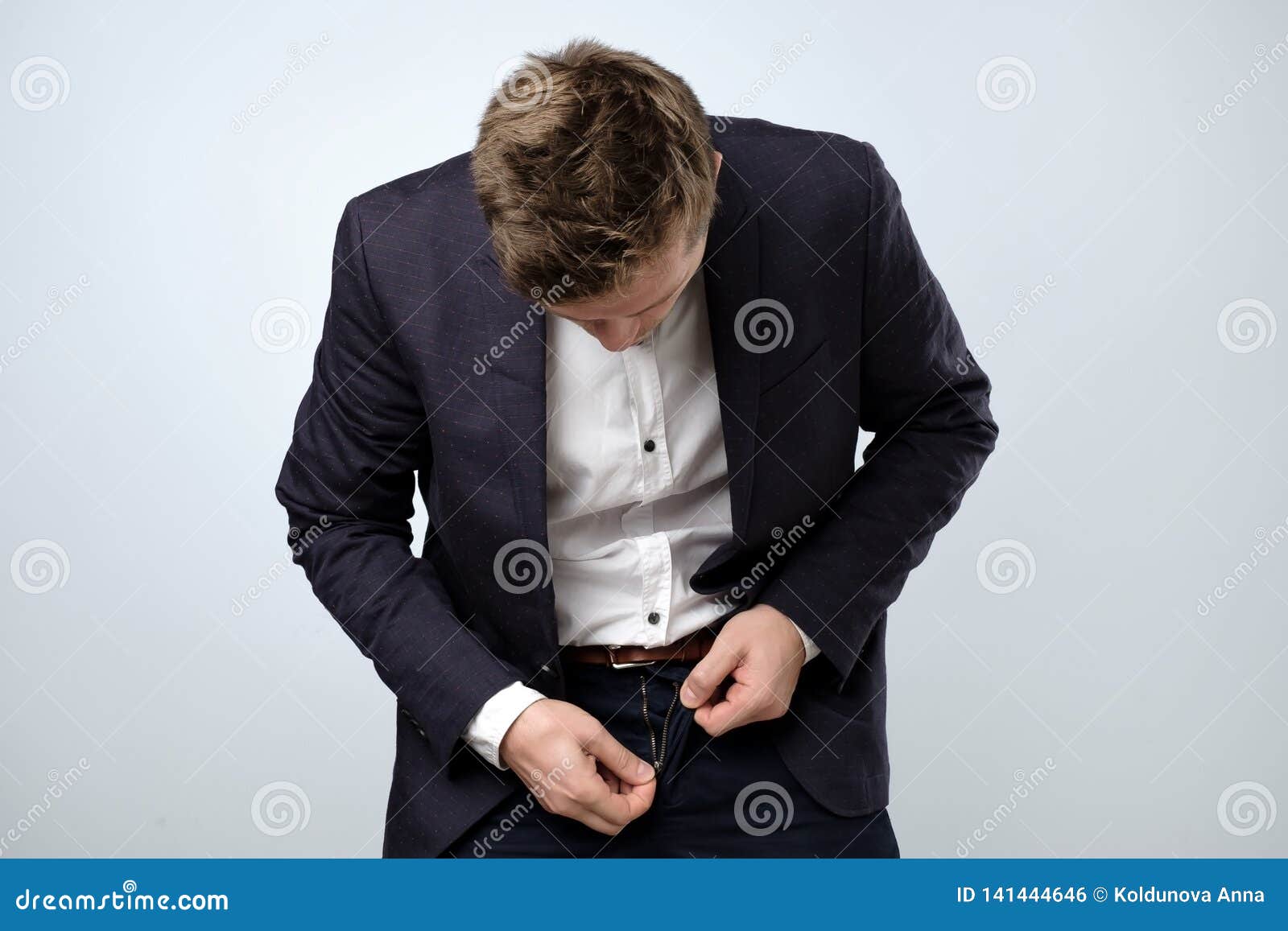Man in Suit Zip His Pants Up. Problem with Broken Fly Stock Photo ...