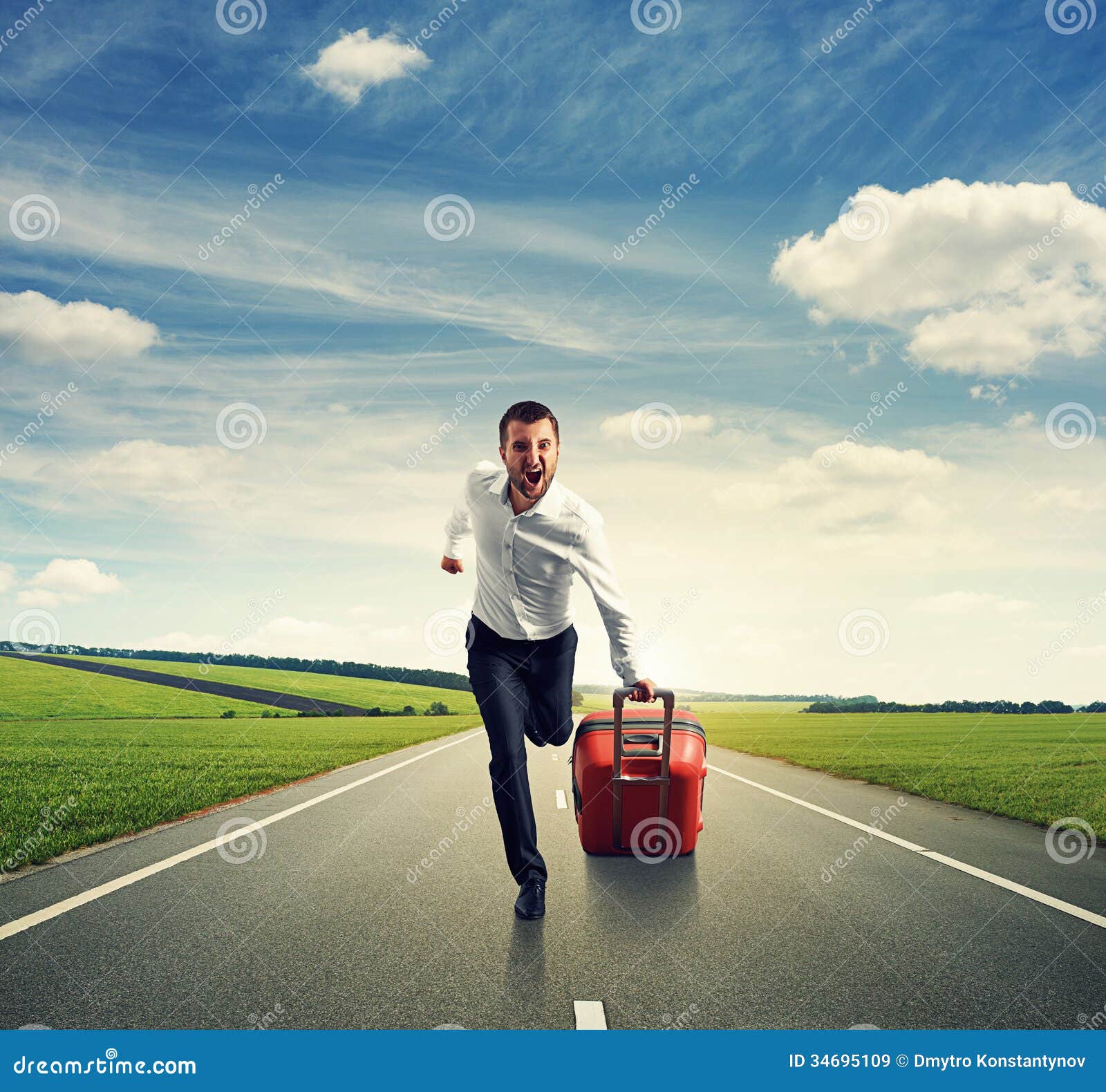 Man with Suitcase Running on the Road Stock Image - Image of young ...