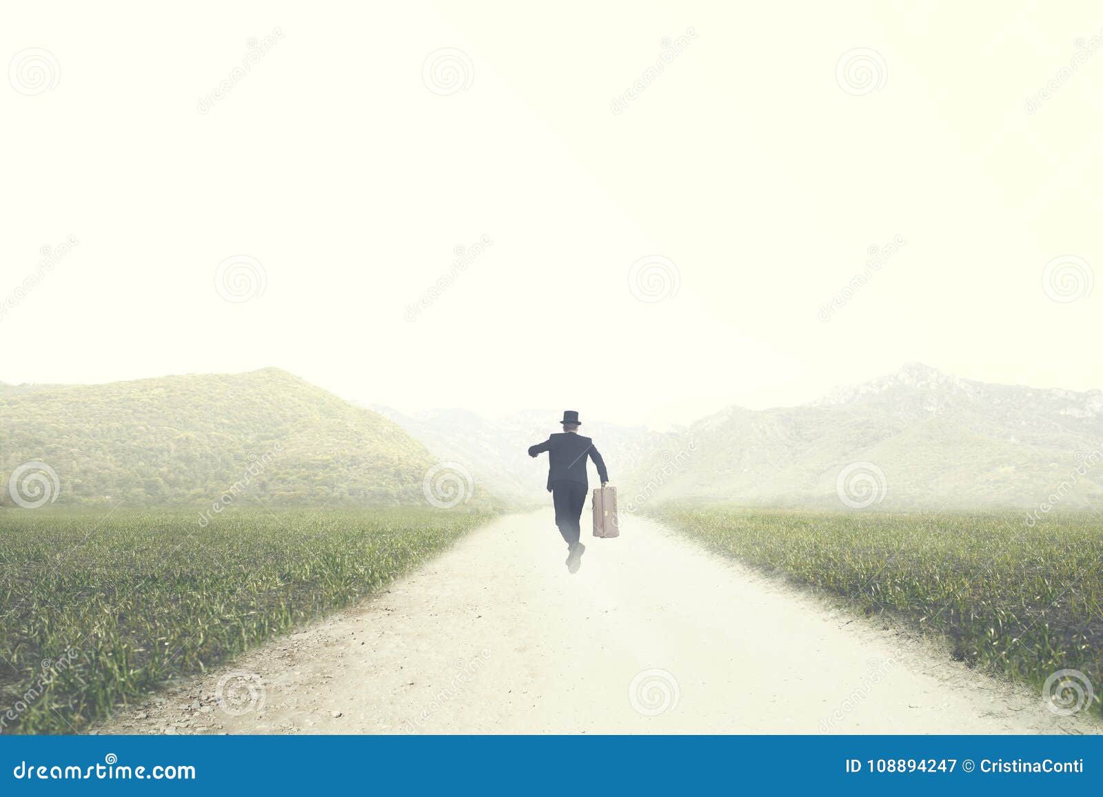 Man with Suitcase Runs Fast on a Deserted Road To an Unknown ...