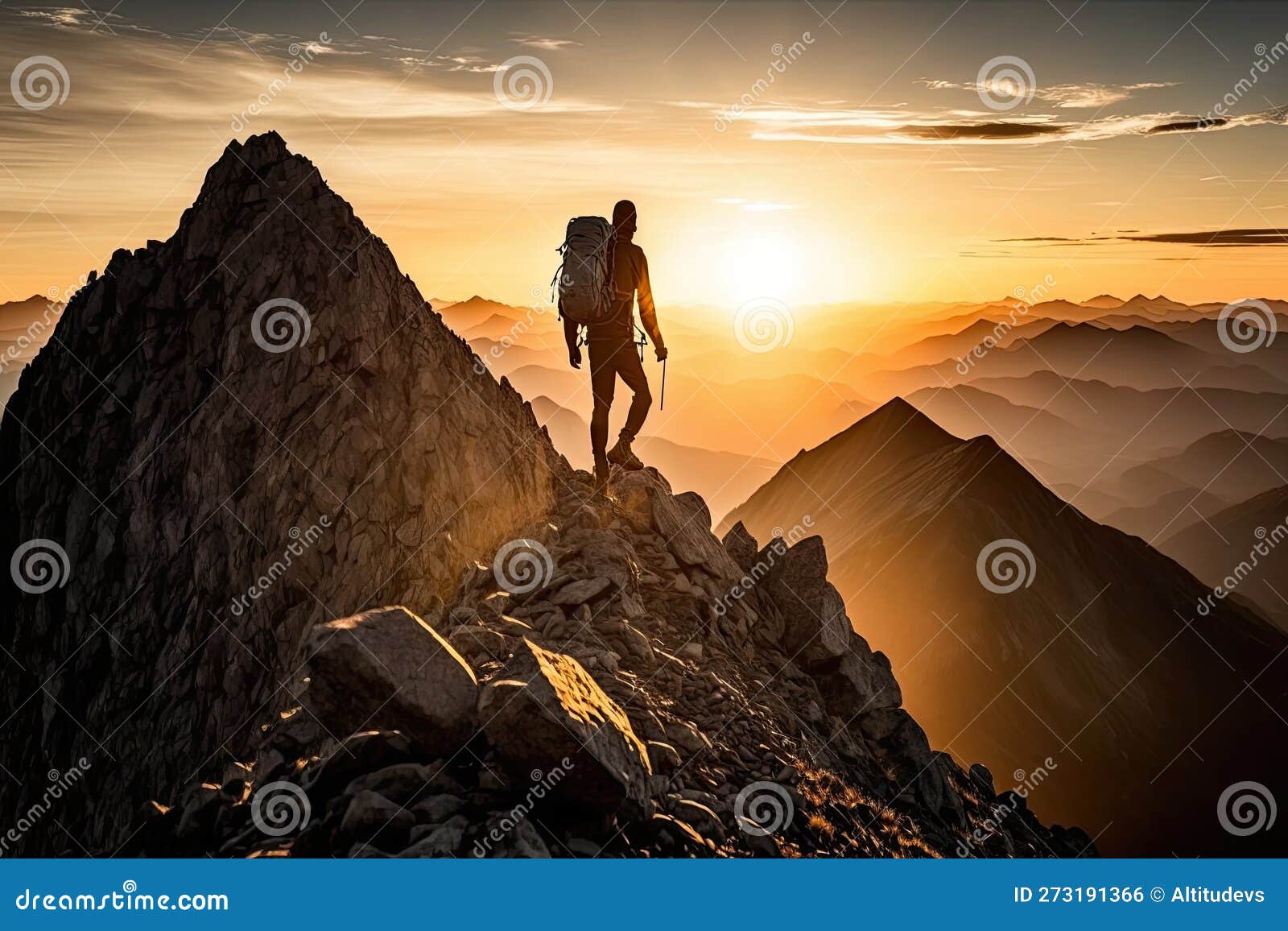 Man, with Sunrise Behind Him, Climbing Up the Peak of Mountain Range ...