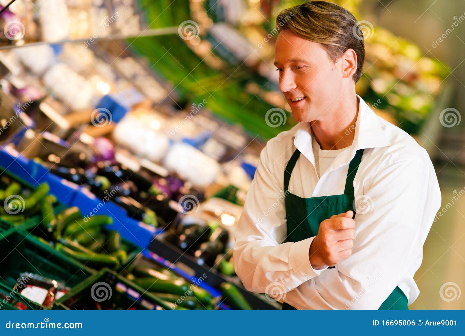 Man in Supermarket As Shop Assistant Stock Photo - Image of shop, shelf ...