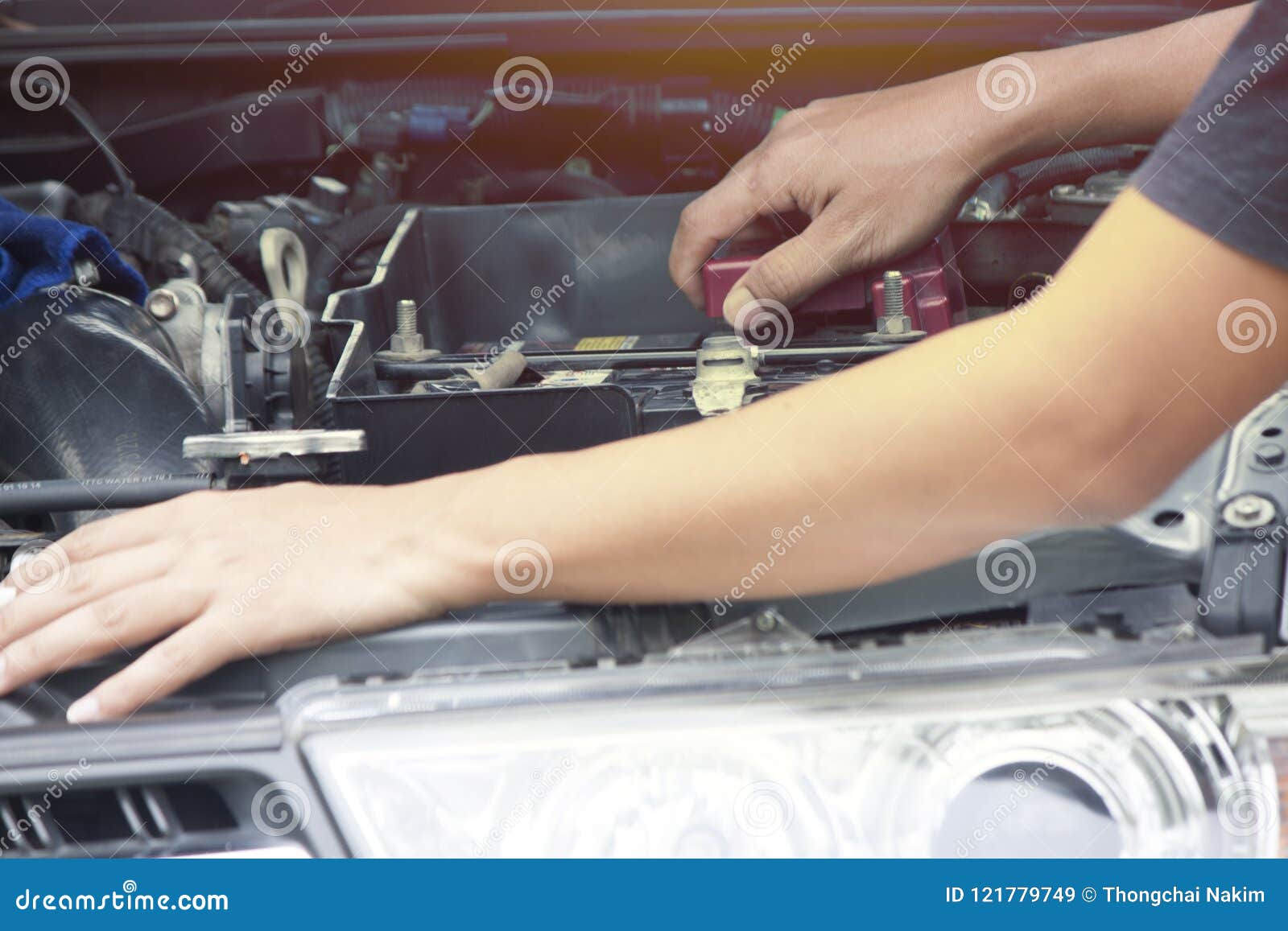Man Support for Help Check Battery of Car. Stock Image - Image of ...