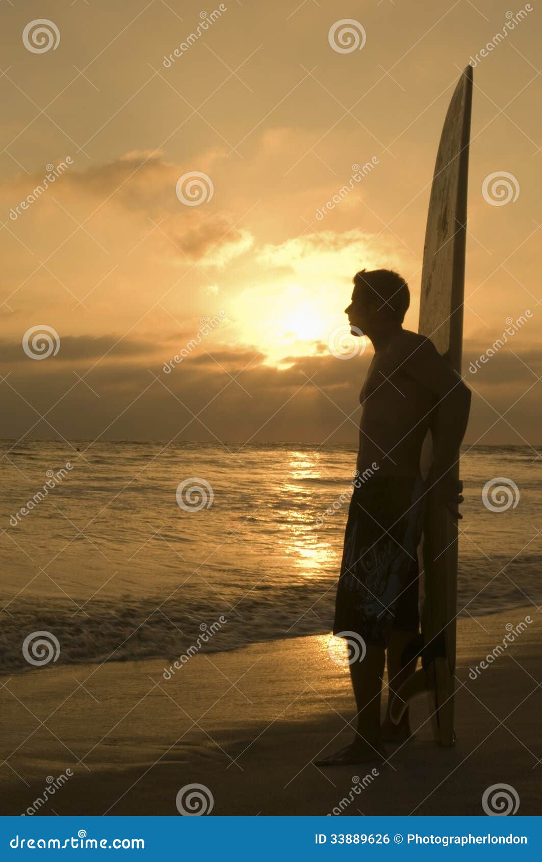 Man with Surfboard Watching Sunset on Beach Stock Photo - Image of ...