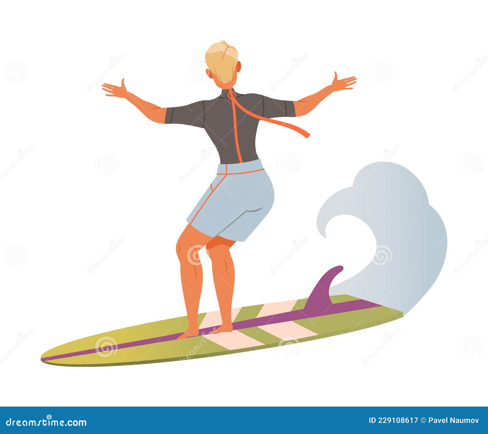 Man Surfer Character On Surf Board Riding Moving Wave Of Water Vector