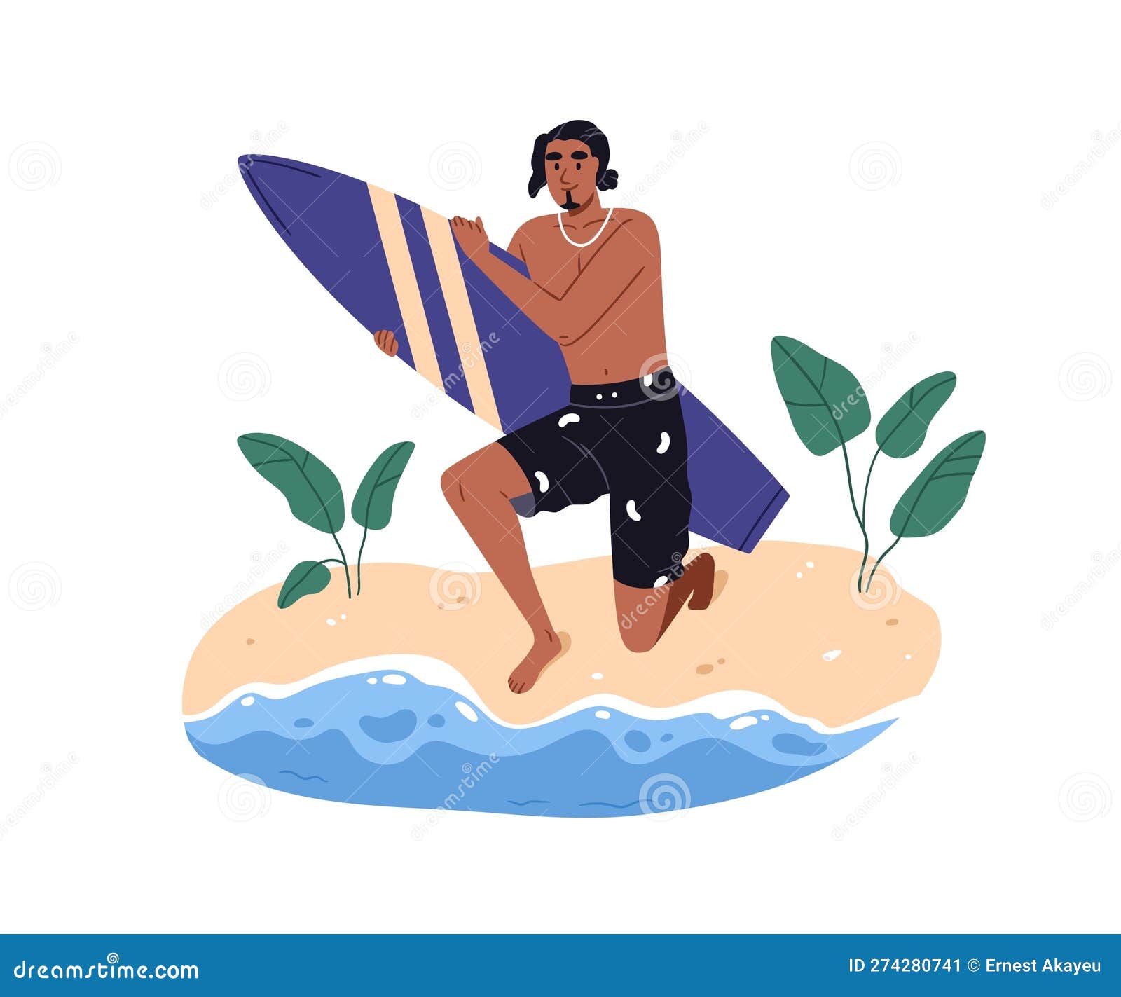 Surfer Man Is Holding Surfboard Cartoon Vector