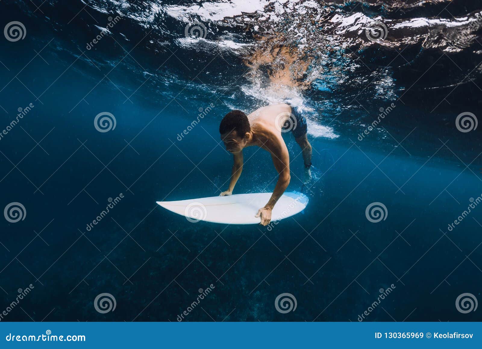 Man Surfer with Surfboard Dive Underwater of Big Ocean Wave. Stock ...
