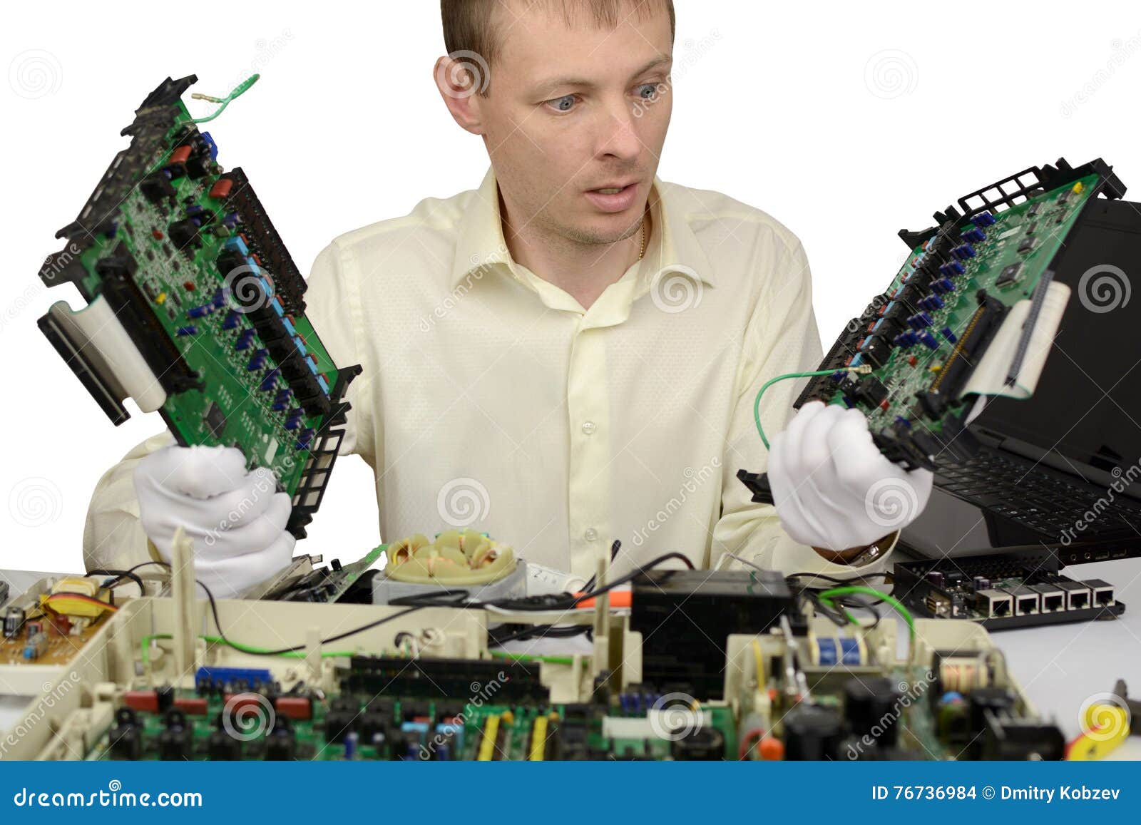 Man with Surprise Looks at Parts Computers Stock Photo - Image of ...