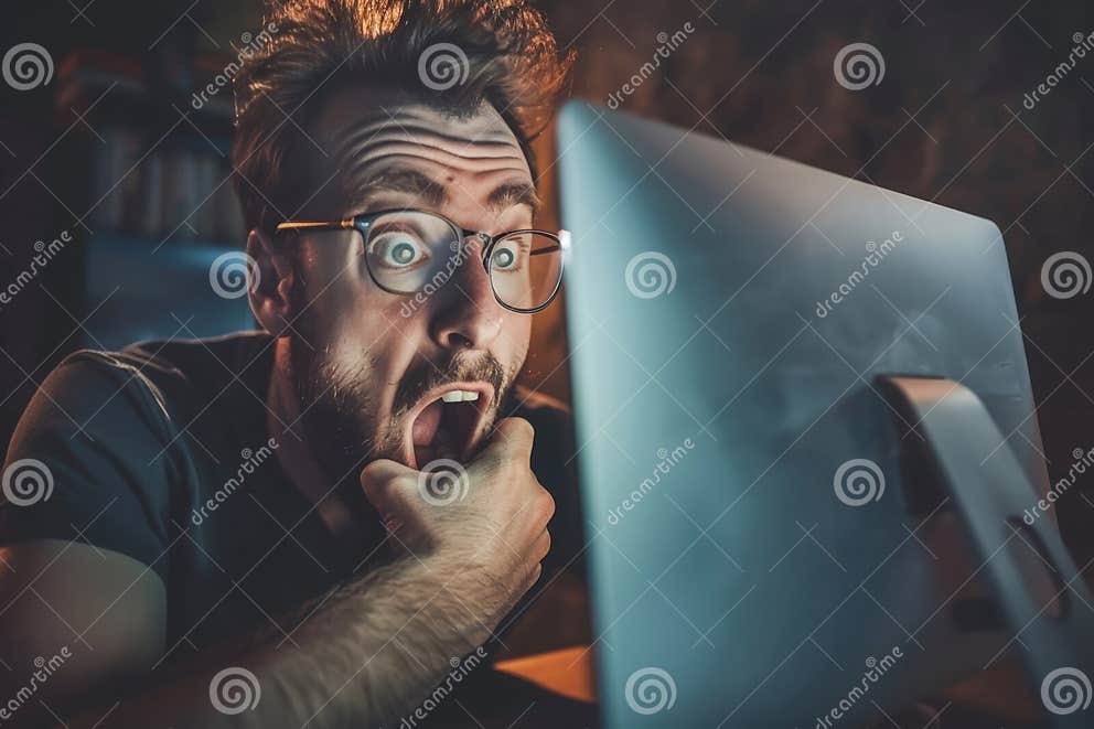 Shocked Man Staring at Computer Screen Stock Illustration ...