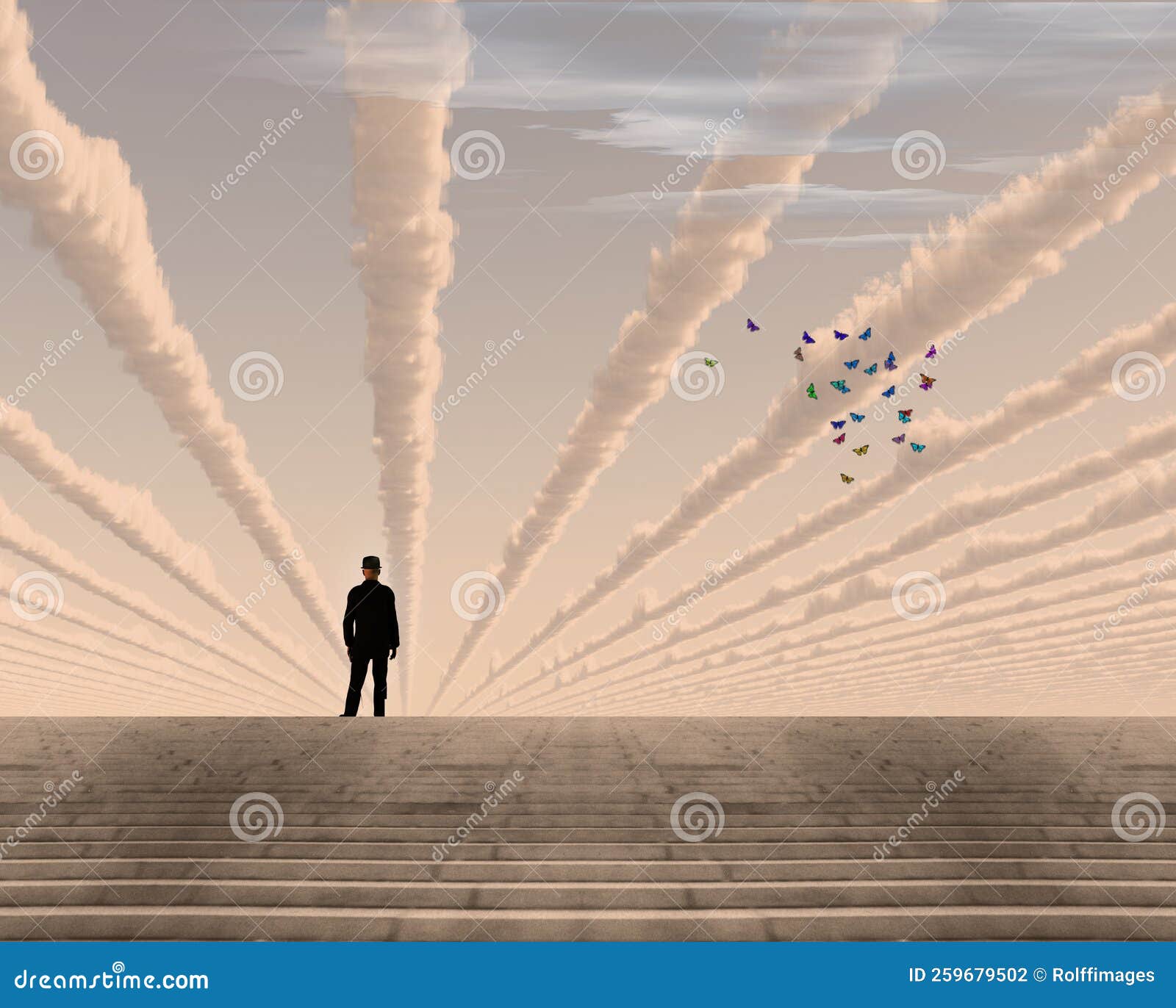Man and surreal clouds stock illustration. Illustration of steps ...