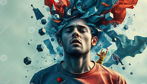 Man with Surreal Mindscape Representing Thought Process and Mental ...