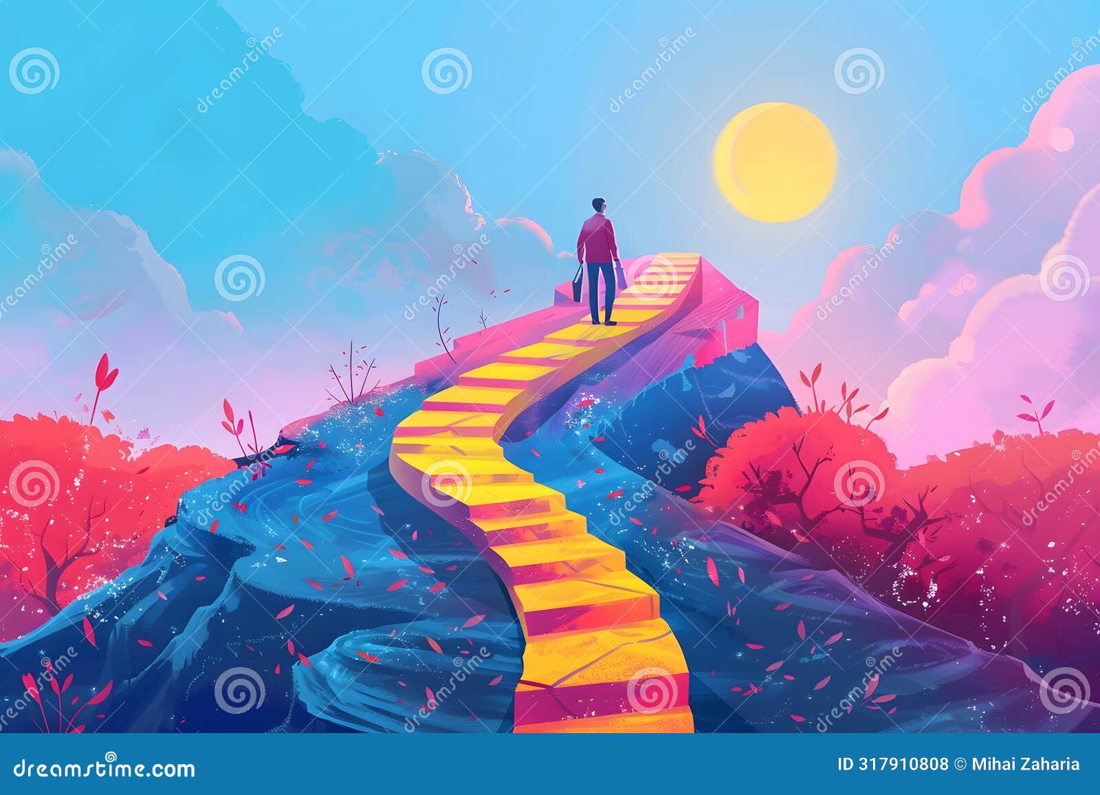 Man on a Surreal Sunset Path Above the Clouds Illustration Stock ...