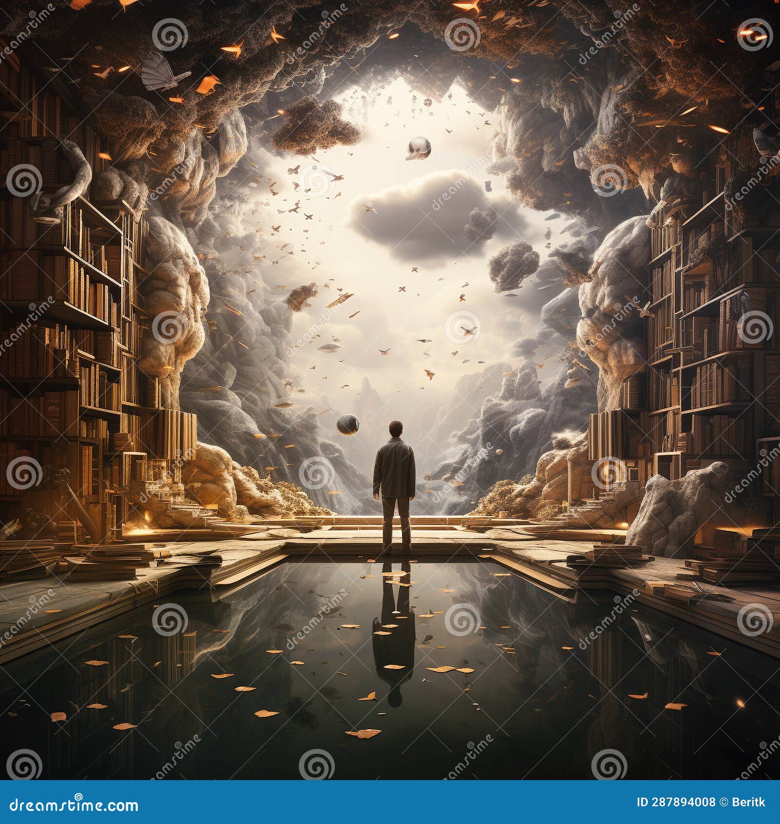 Man Surrounded by Books in an Ancient Library, Creative Mind, Brain ...