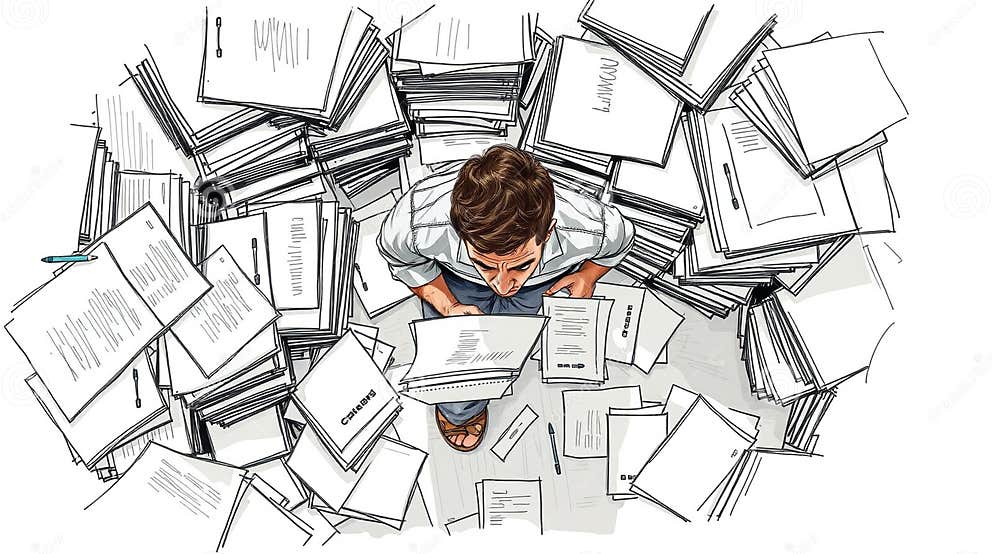 Man Surrounded by a Massive Pile of Paperwork, Looking Overwhelmed and ...
