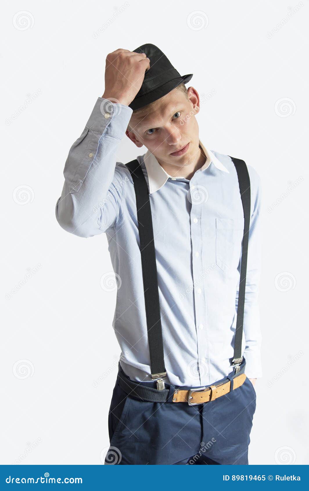 Man in suspenders stock image. Image of cheerful, handcarves - 89819465