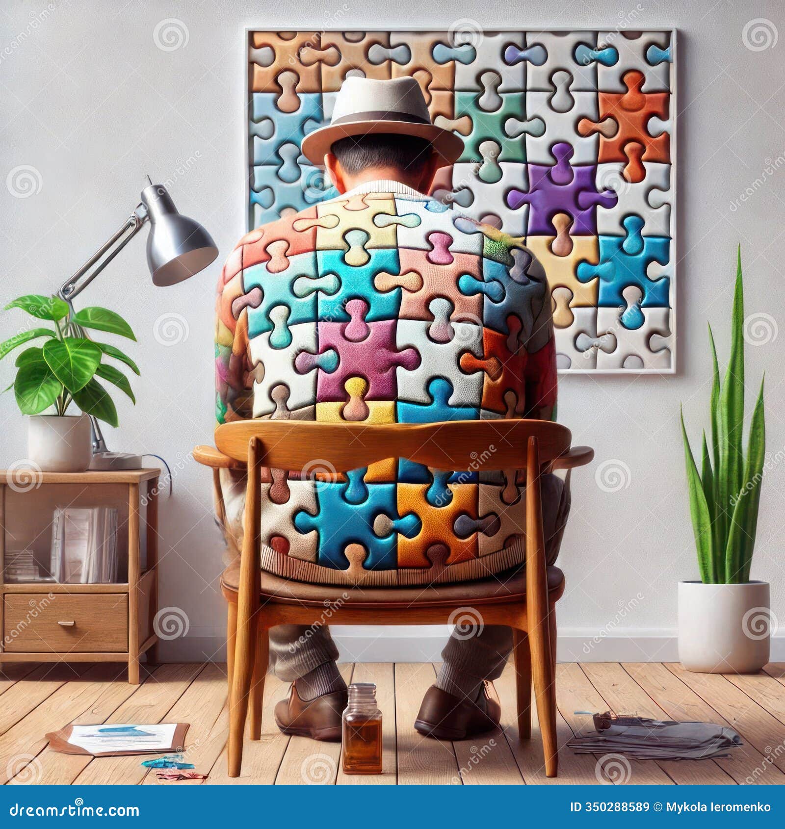 Man in Sweater with Puzzle Pattern in Front of Puzzle Picture. Stock ...