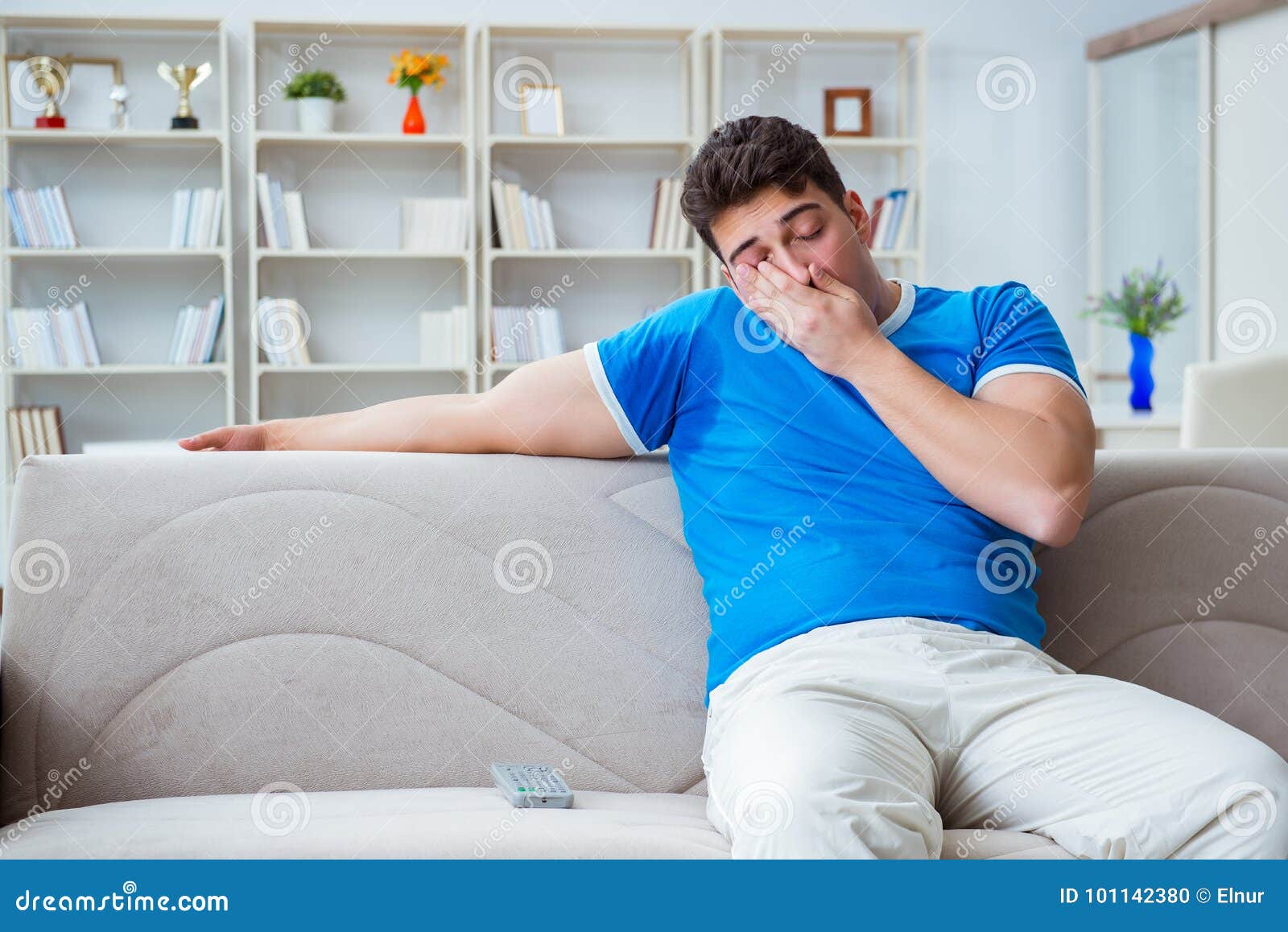 The Man Sweating Excessively Smelling Bad at Home Stock Photo - Image ...