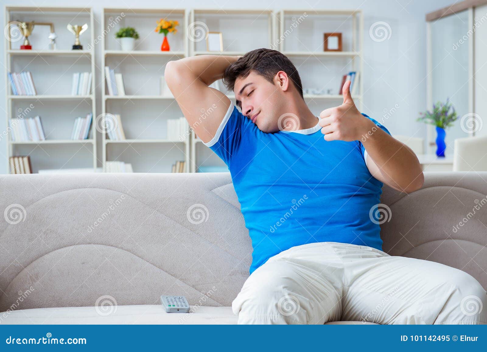 The Man Sweating Excessively Smelling Bad at Home Stock Image - Image ...