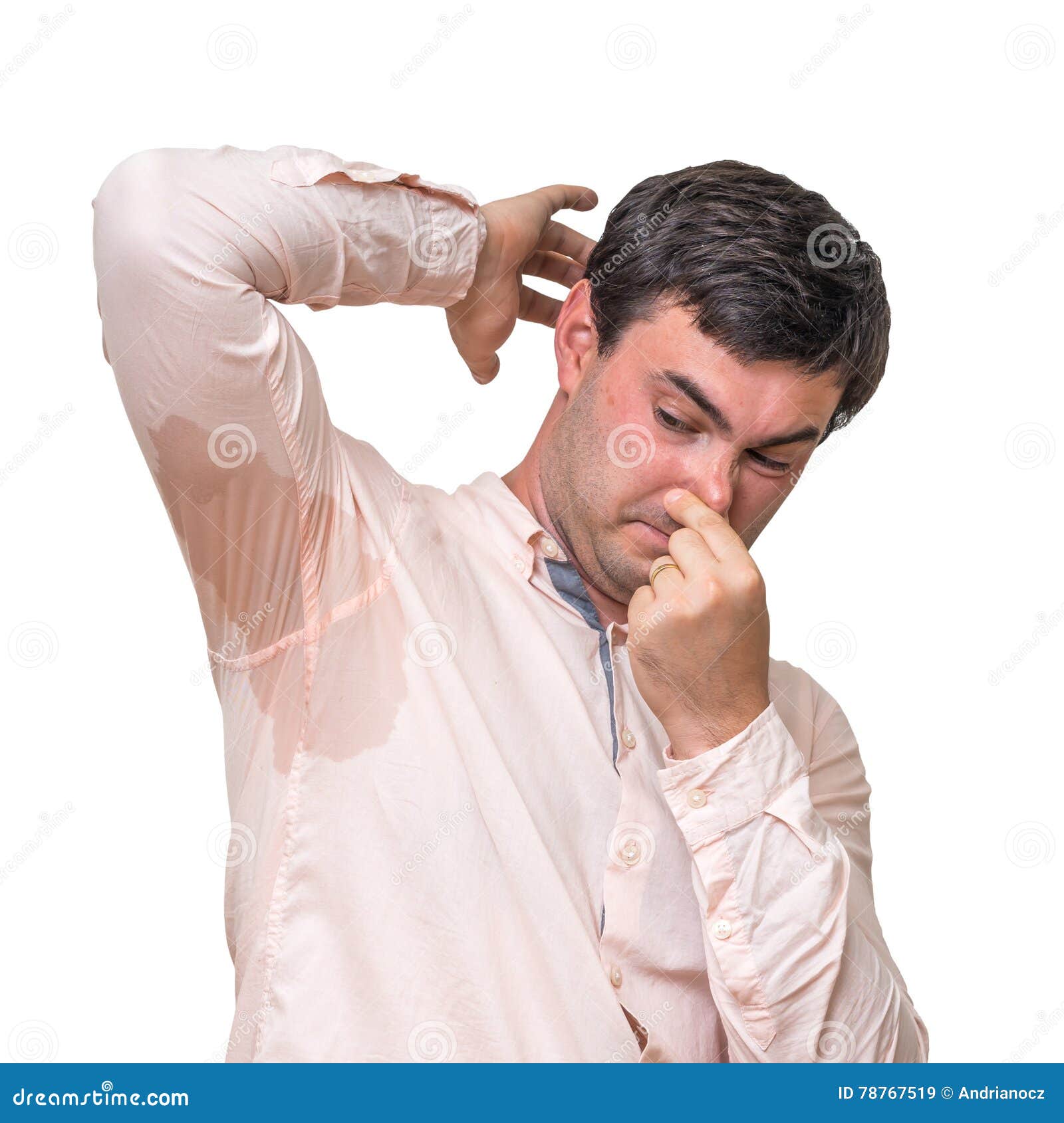 Man with Sweating Under Armpit Pinches Nose with Fingers Stock Image ...