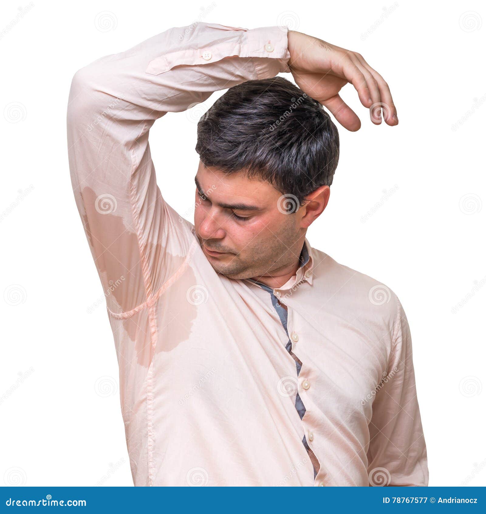 Man with Sweating Under Armpit in Pink Shirt Isolated on White Stock ...