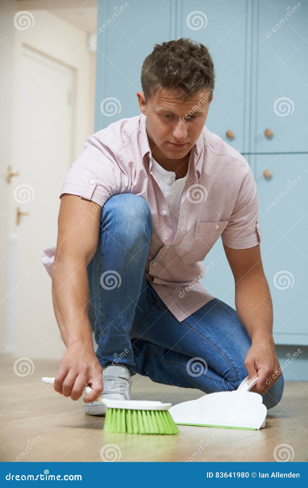 Man Sweeping Floor with Dustpan and Brush Stock Photo - Image of tidy ...