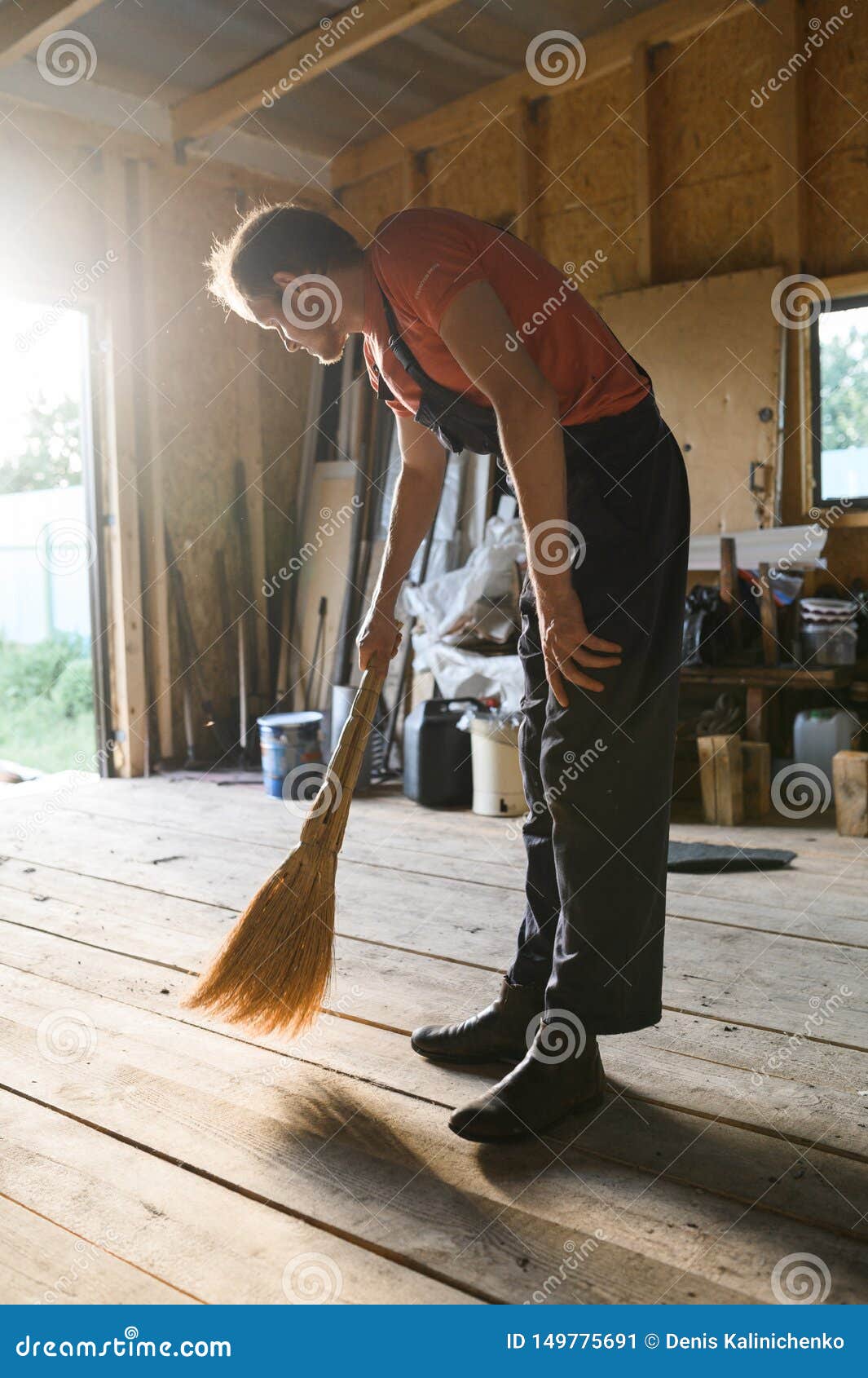 Man Sweeps the Wood Floor. Barn Cleaning Stock Image - Image of ...