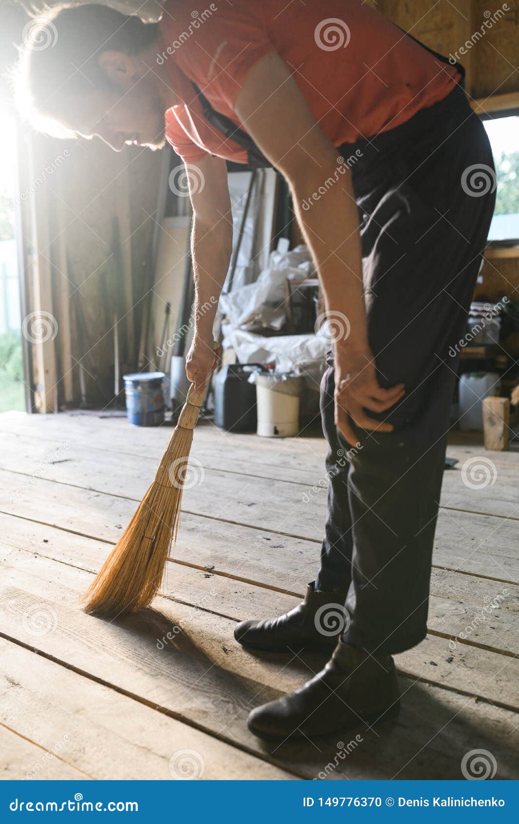 Man Sweeps the Wood Floor. Barn Cleaning Stock Photo - Image of broom ...