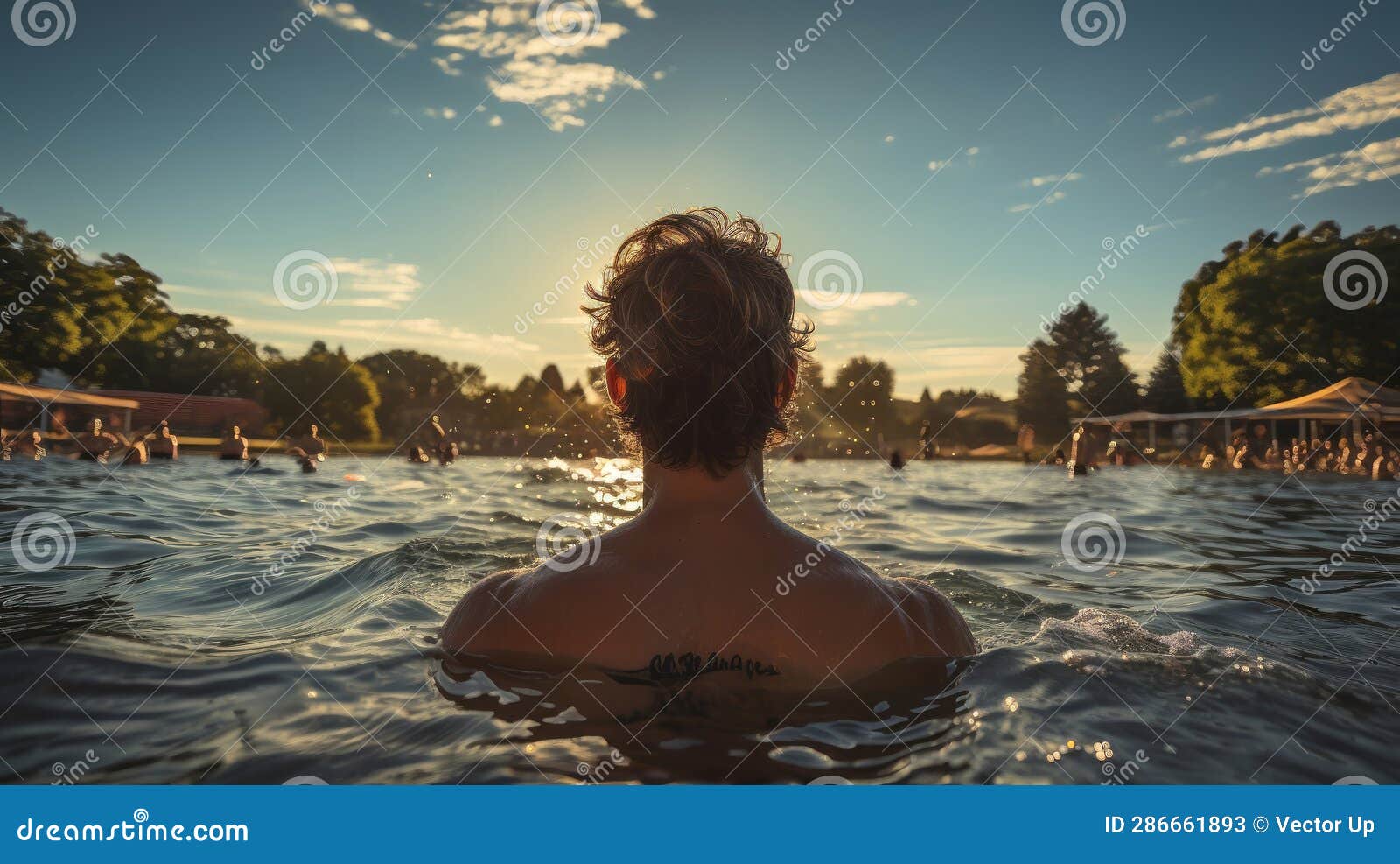 Man Swim Back Pool Back View. Generative AI. Stock Illustration ...