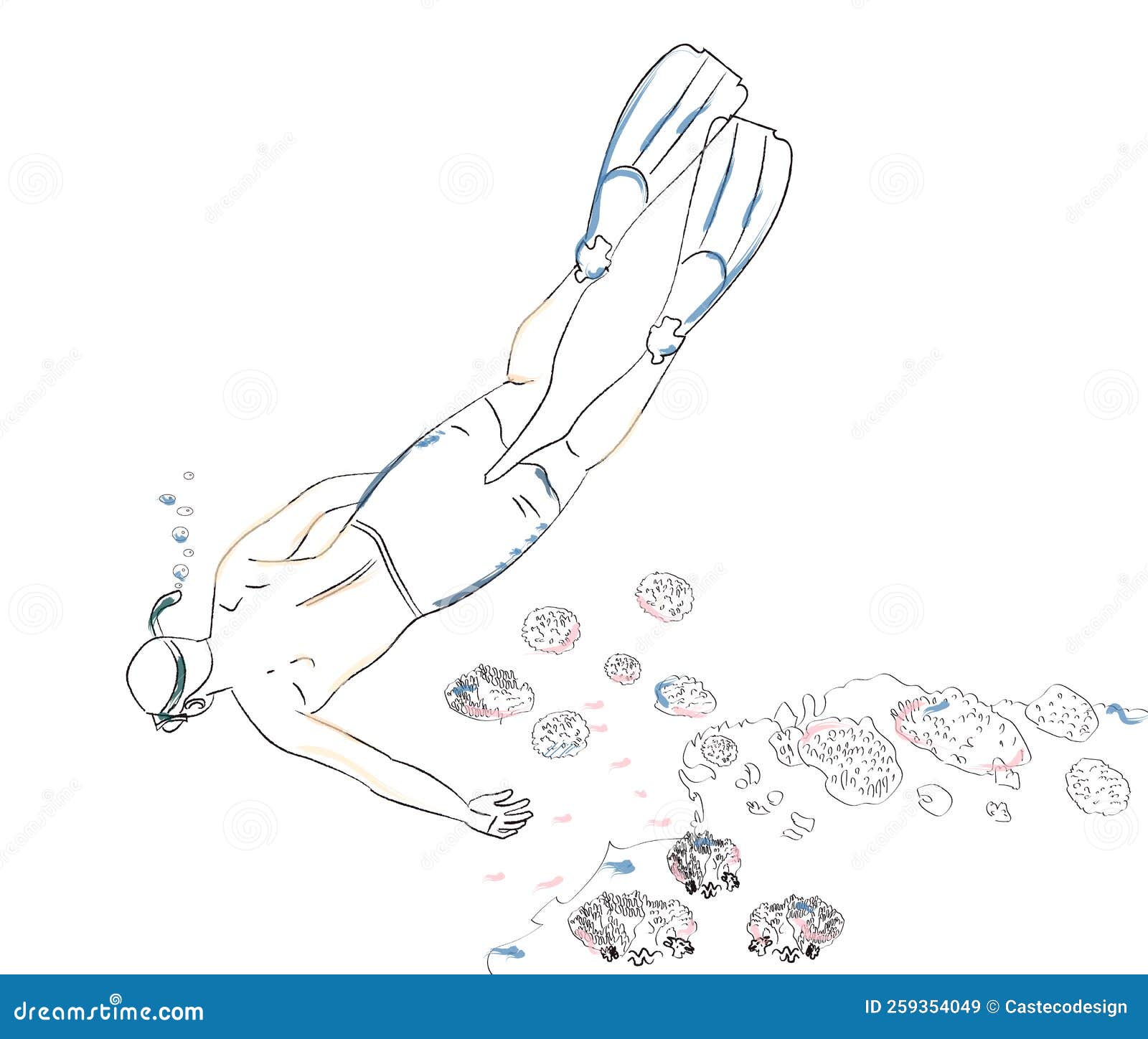 Man Swimming Underwater Diving Experience Vector Sketchs Stock Vector ...