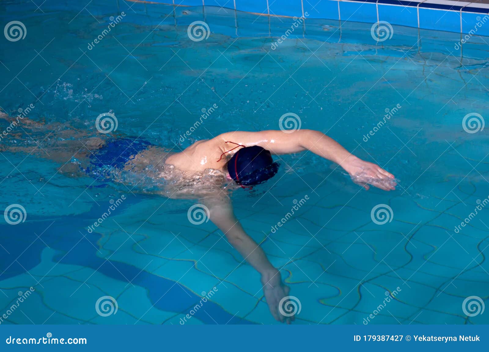 Man Swims Forward Crawl Style in Swimming Pool Stock Image - Image of ...