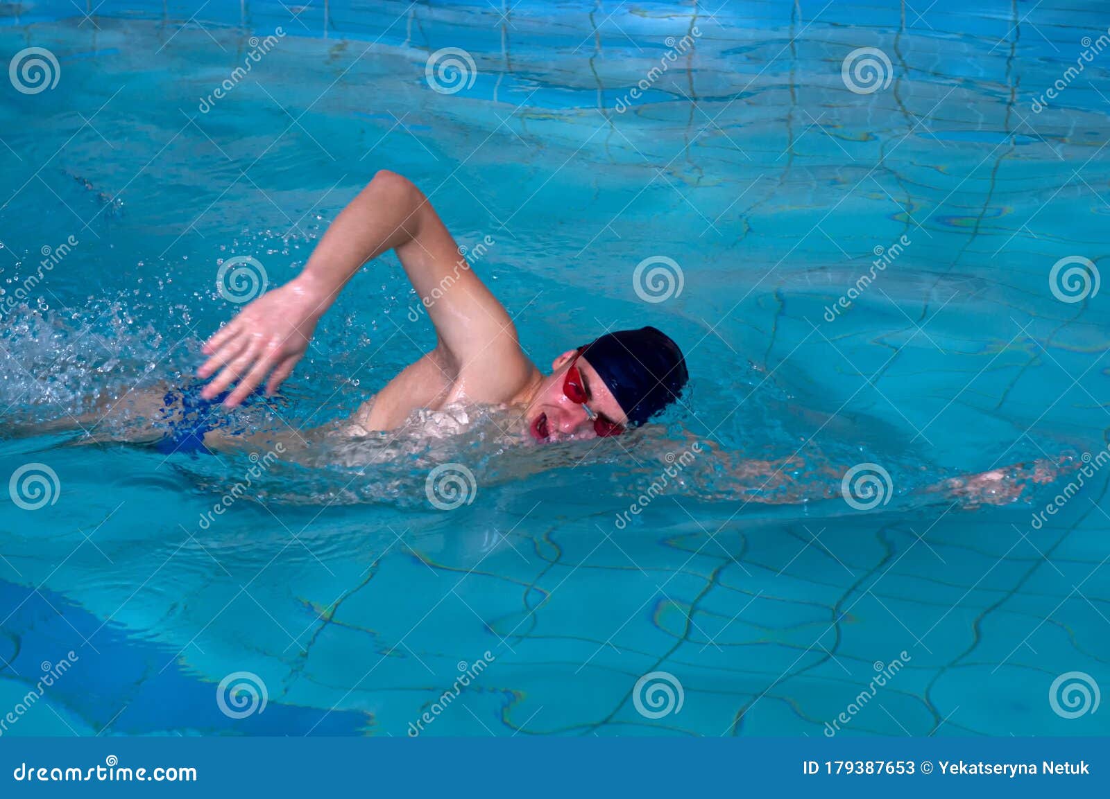 Man Swims Forward Crawl Style in Swimming Pool Stock Image - Image of ...