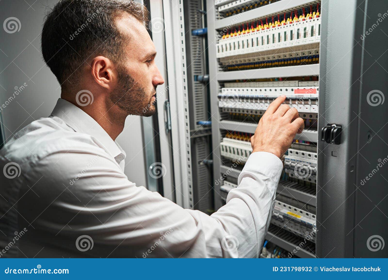 Man System Administrator Pressing on Electrical Switch Stock Photo ...