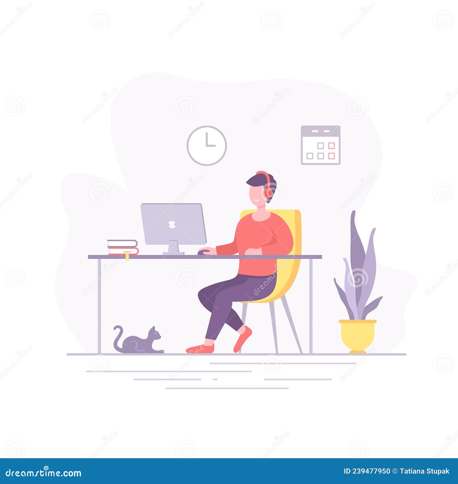 Man at the Table Works on the Computer, Flat Design Vector Illustration ...